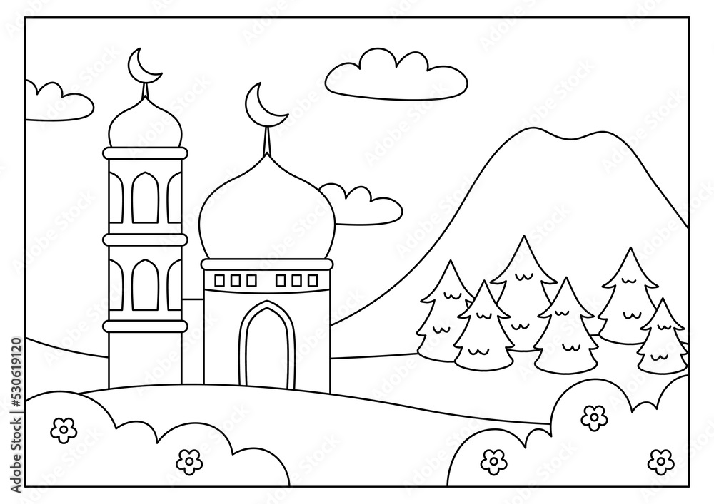 mosque coloring page activity for kid printable vector Stock Vector ...