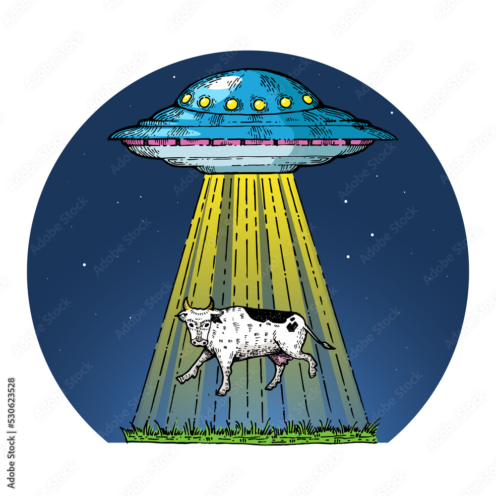 UFO kidnaps the cow color sketch engraving PNG illustration with ...