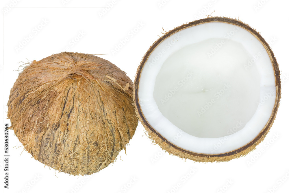Cutout of an isolated half coconut shell and coconut flesh with the ...
