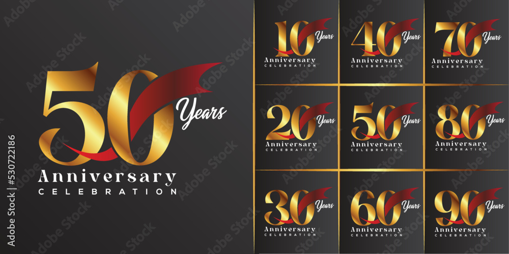 Set of anniversary logotype and red ribbon. Golden anniversary ...