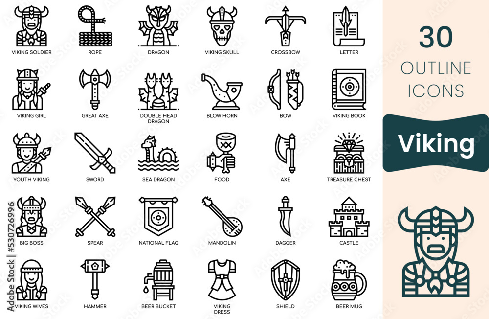 Viking icon set. Thin outline icons pack. Vector illustration Stock ...