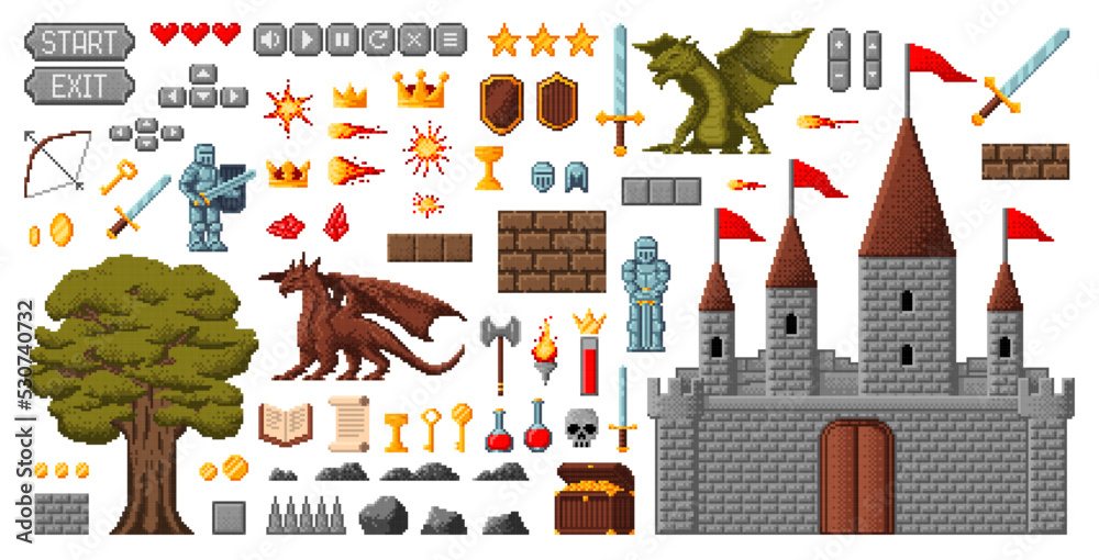8bit pixel game asset, medieval knight, castle, armor, swords and ...