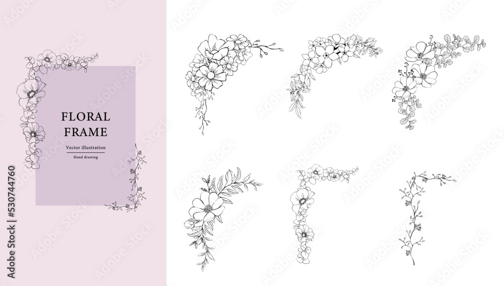 Botanical decorative frame design set . Hand drawn floral borders and ...