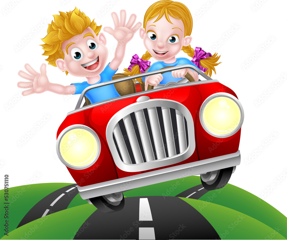 Cartoon Characters Driving Car Stock Illustration | Adobe Stock
