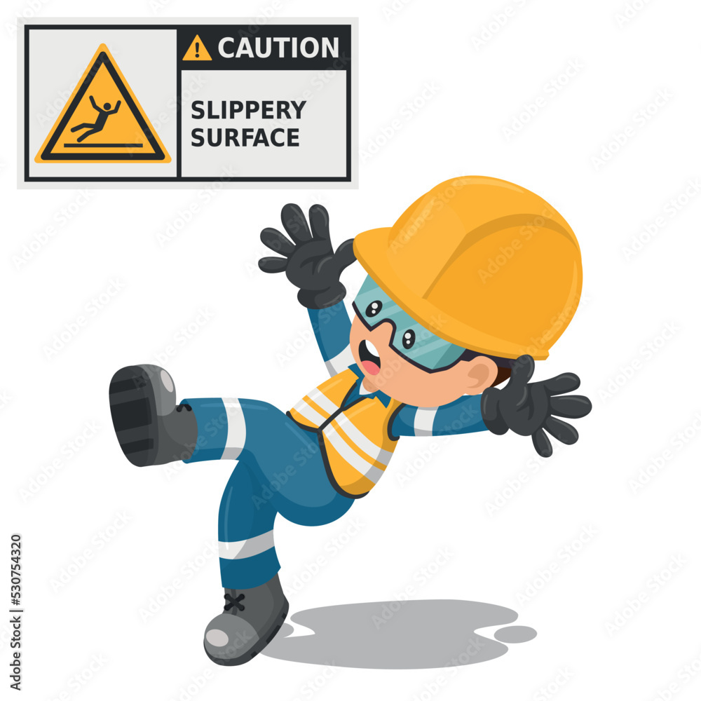 Industrial worker with slippery surface hazard sign warning. Caution ...