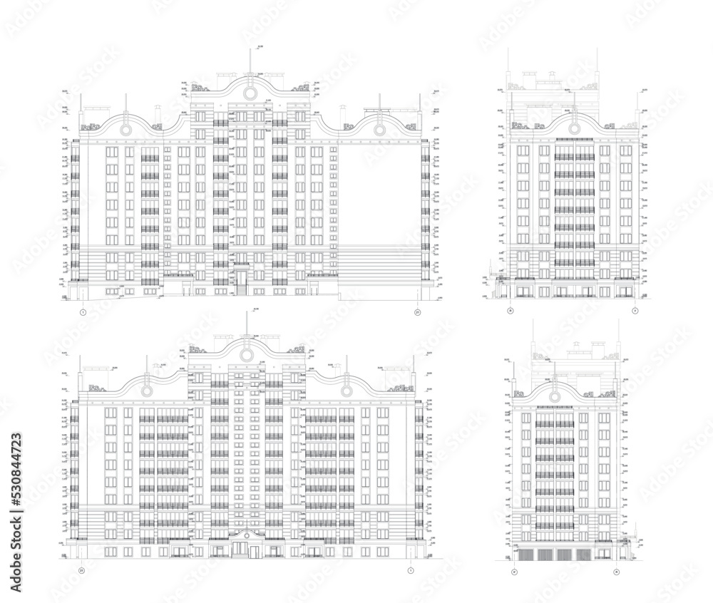 Multistory building facades, detailed architectural technical drawing ...
