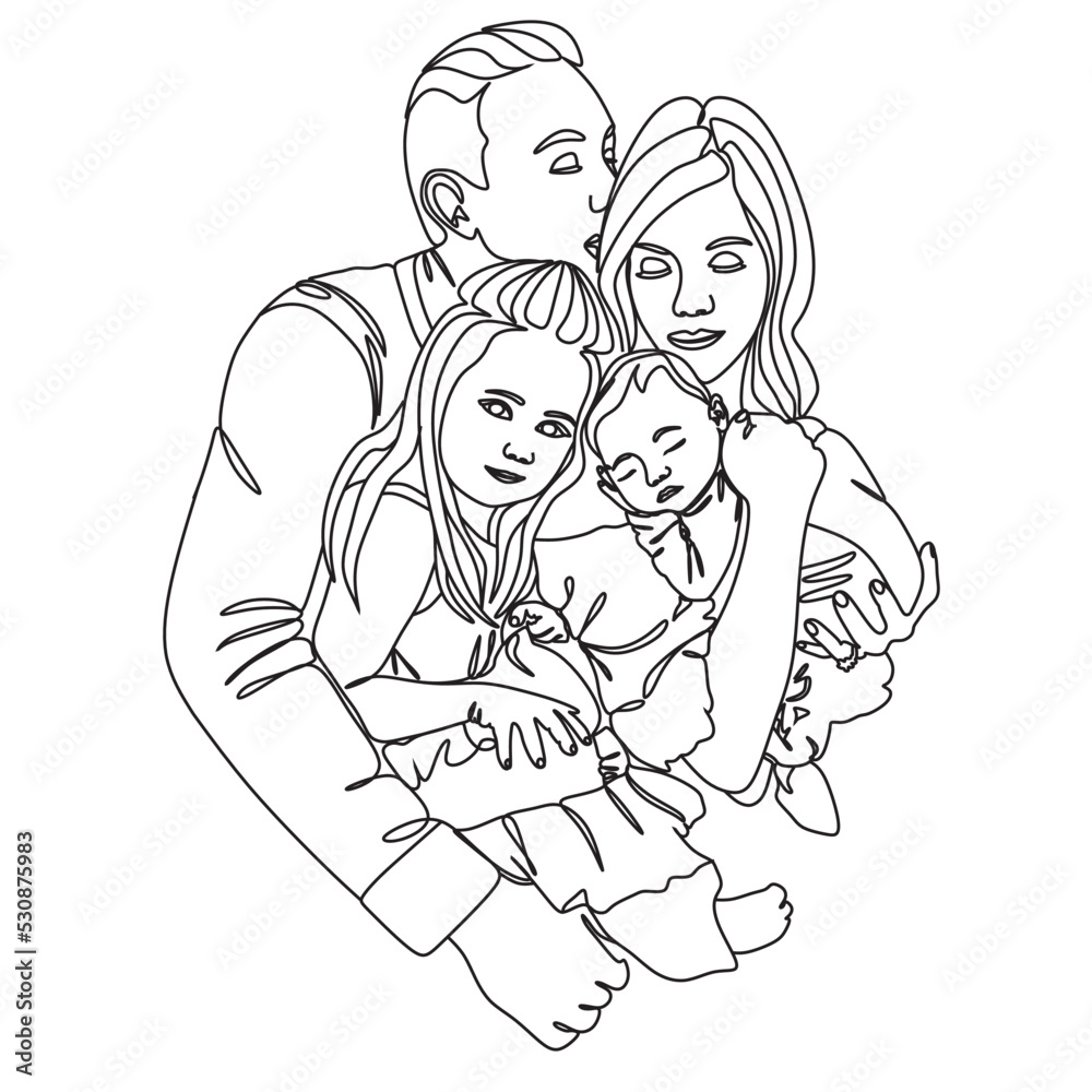 One line illustration mother and child. Continuous line drawing of ...