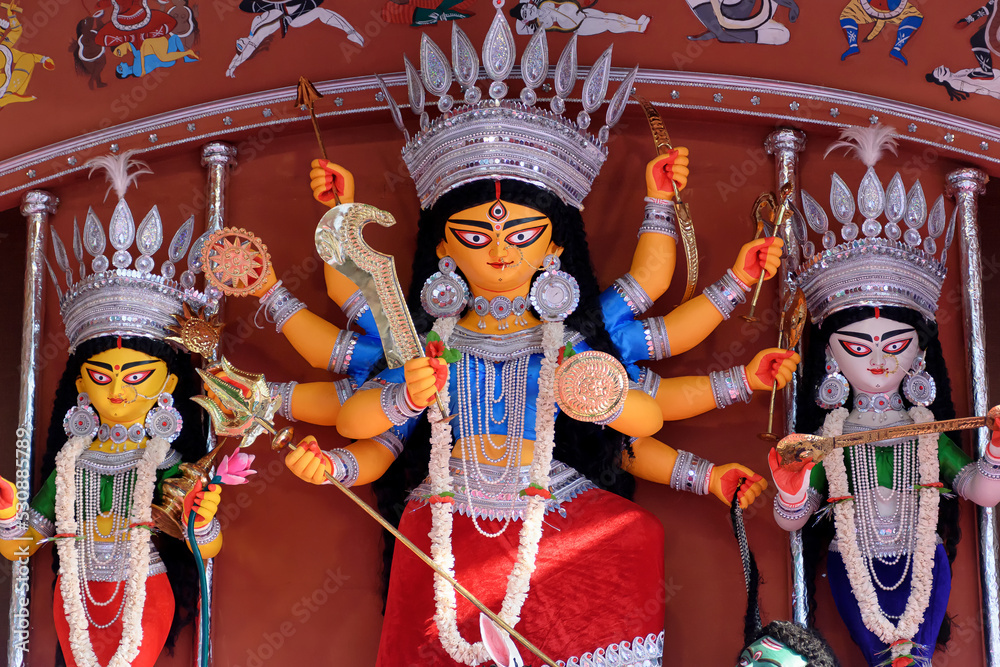 Idol of Goddess Devi Durga at a decorated puja pandal in Kolkata, West ...