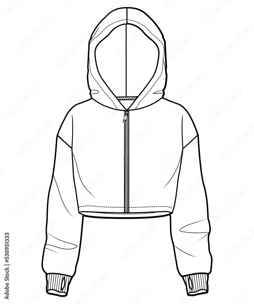womens open zipper long sleeve cropped hooded sweatshirt flat sketch ...