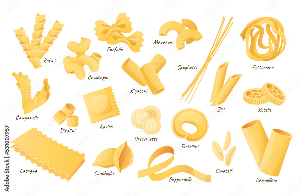 Italian pasta shapes. Fettuccine, spaghetti and lasagna. Dry cannelloni ...