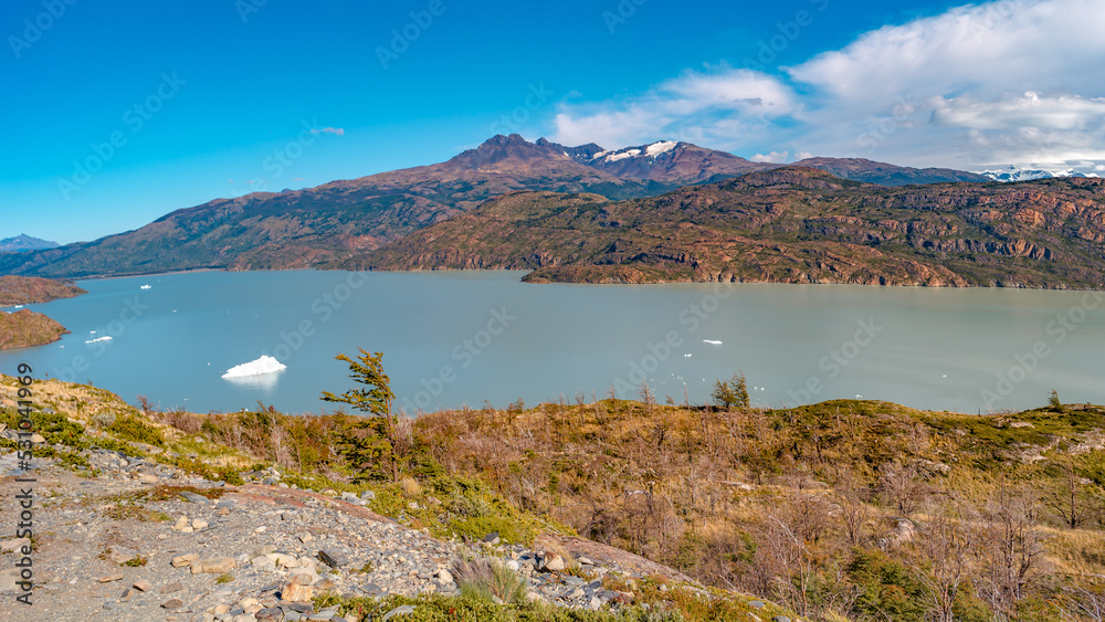 Hiking trail towards Refugio Grey and Glacier Grey, surrounded by ...