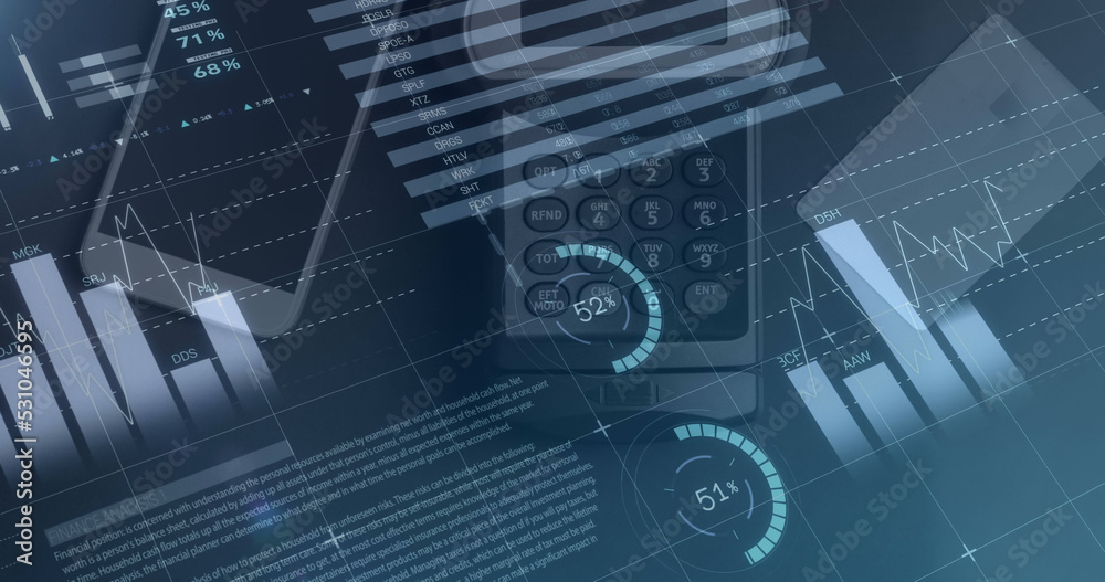 Digital image of statistical data processing over grid network against credit card machine Stock ...