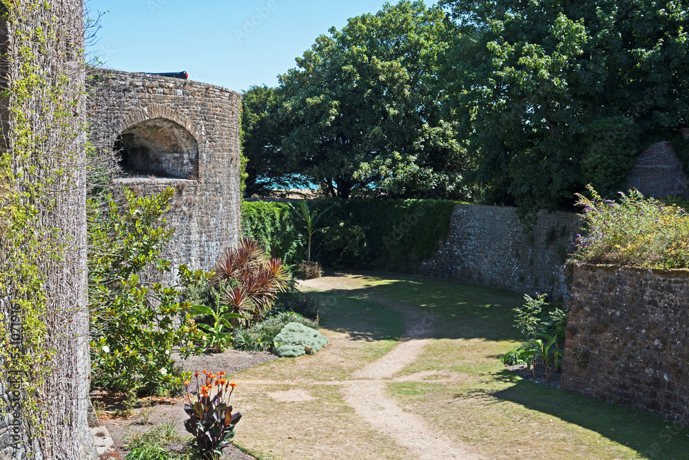 View of the moat and ramparts of Walmer Castle, an artillery fort ...