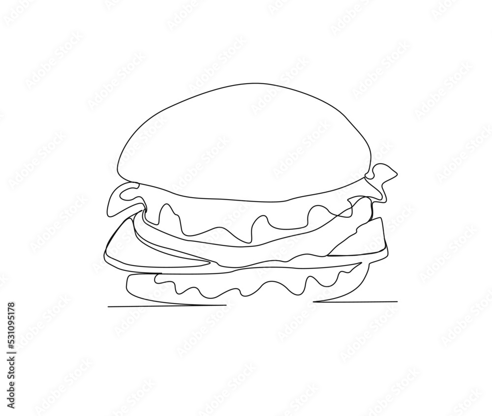 Continuous line drawing of Ham vector illustration. Hamburger single ...