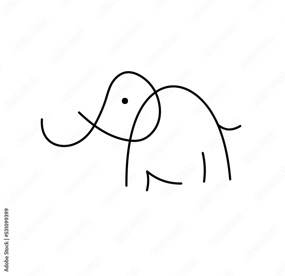 Vector isolated one tiny elephant with tusks side view colorless black ...