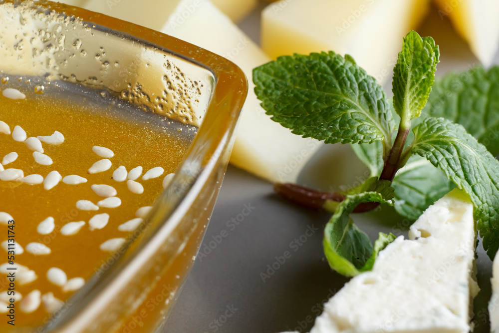four types of cheese, feta, gorgonzola, parmesan, hard cheese, with ...