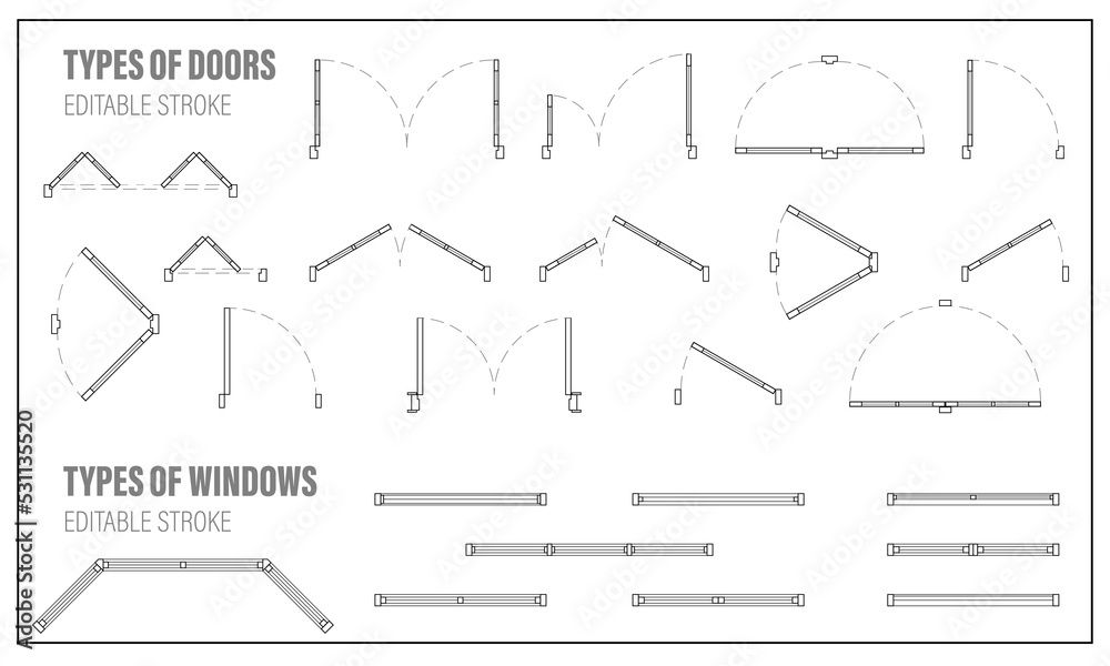 Architectural elements Window and Door top view for floor plan. Vector ...
