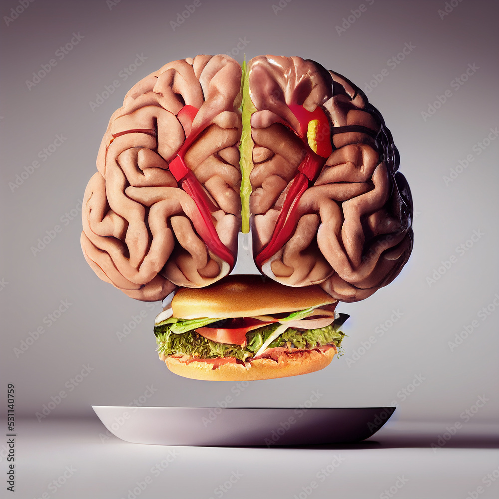 Illustration of a brain made from fast food, like a hamburger ...
