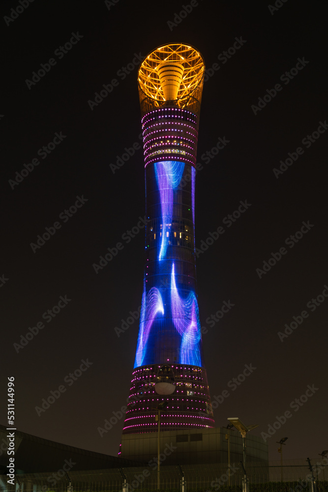 Doha, Qatar - September 14, 2022: Aspire Tower, also known as The Torch Doha, is a 300-metre ...