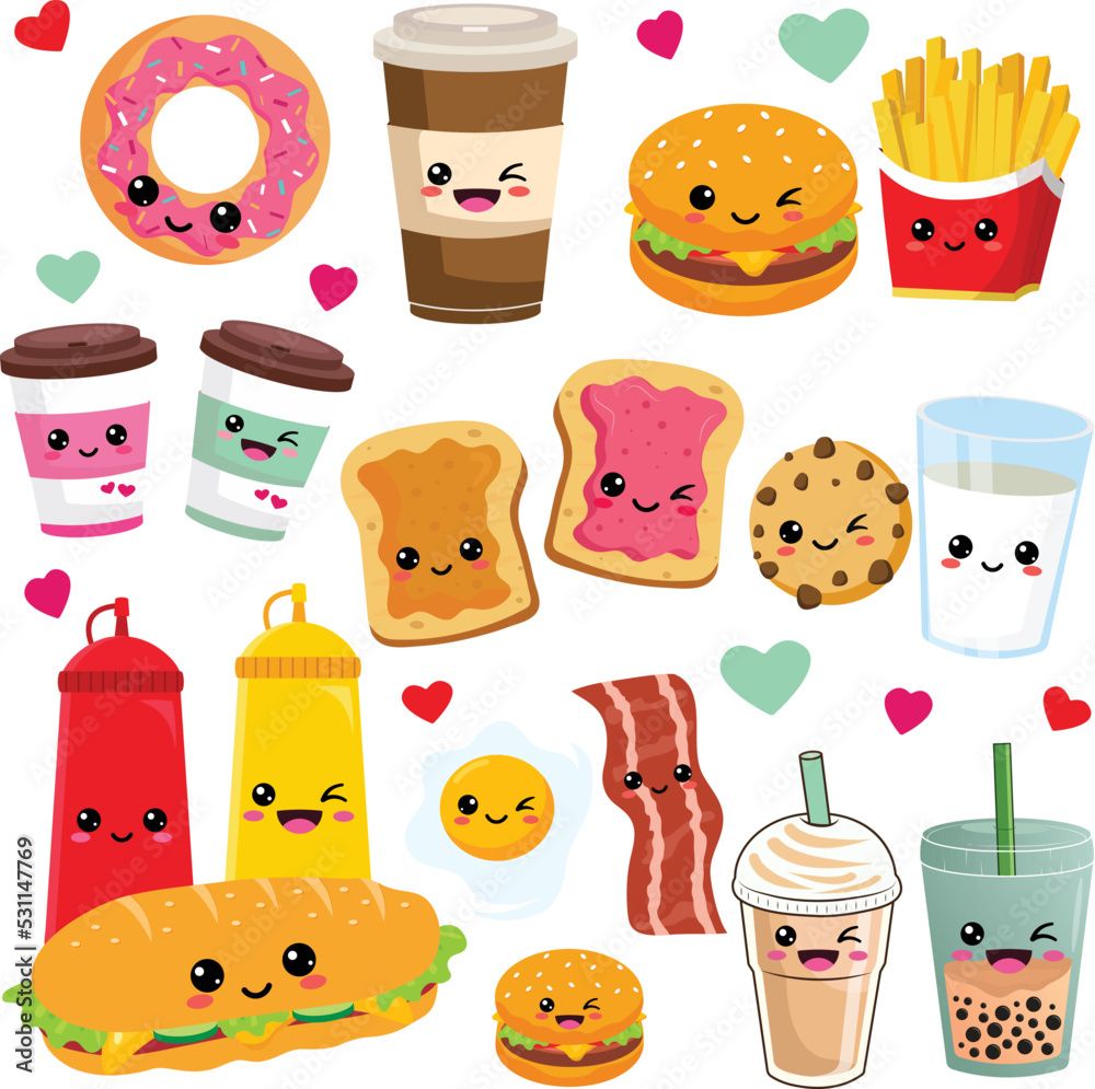 Set of cute and funny kawaii food and drink clip art, Hand drawn kawaii ...