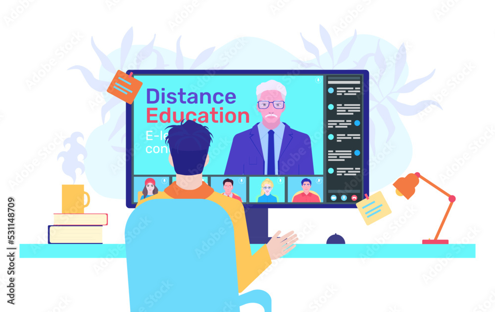 Teacher teaches online student at computer. Old man teacher on monitor ...