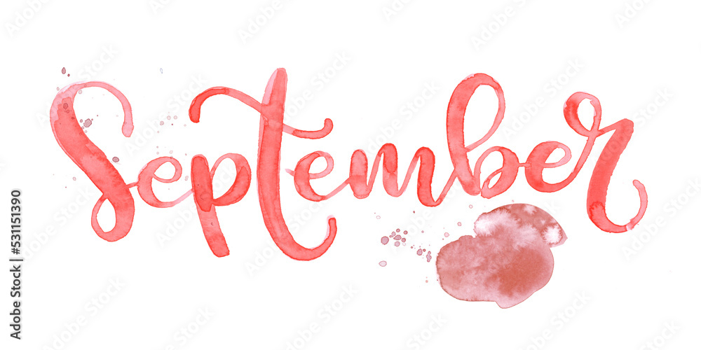 September month of the year in watercolor with splash letters and brush ...