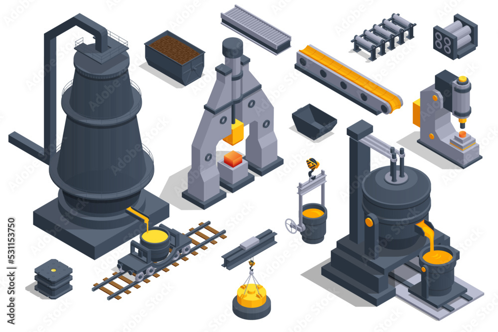 Isometric icons set with Blast furnace slag and pig iron tapping. Iron ...