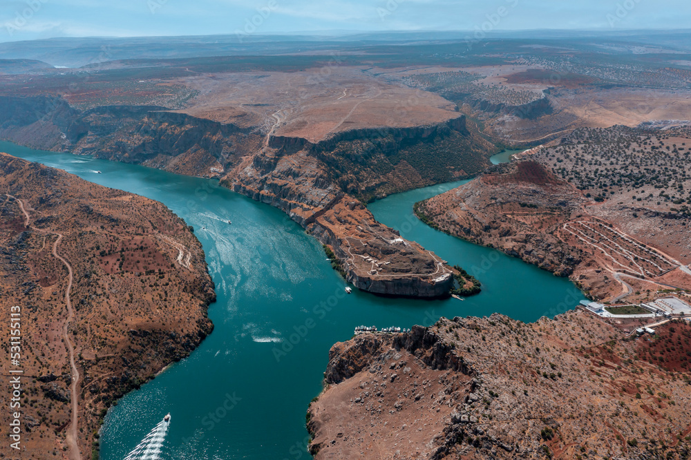 Aerial view of Rumkale castle, top view of ancient roman castle with ...
