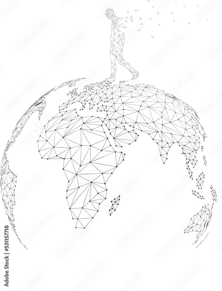Man walk on 3D world map Globe wireframe polygon dot connect line ...