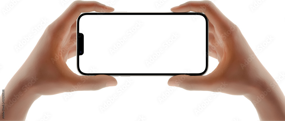 hands holding iphone 14 and iphone 14 plus blank screen PNG Stock Photo ...