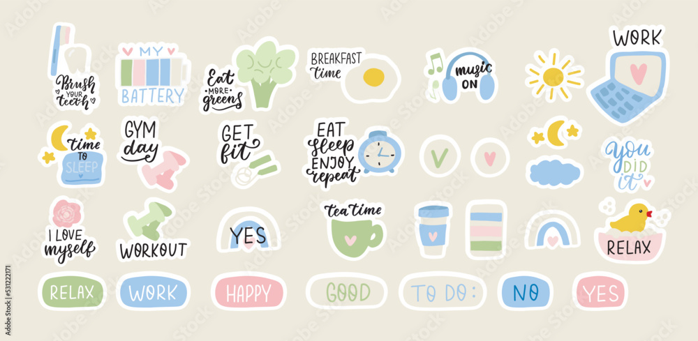 Daily routine stickers set. Cute cartoon vector icons and lettering ...