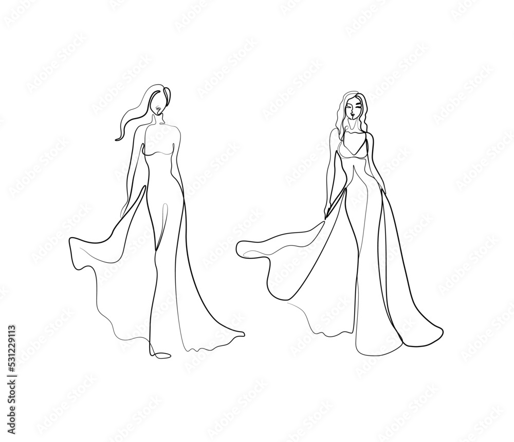 Beautiful fashion woman a single line on a white background, girl in ...