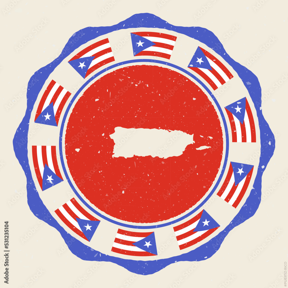 Puerto Rico vintage sign. Grunge round logo with map and flags of ...