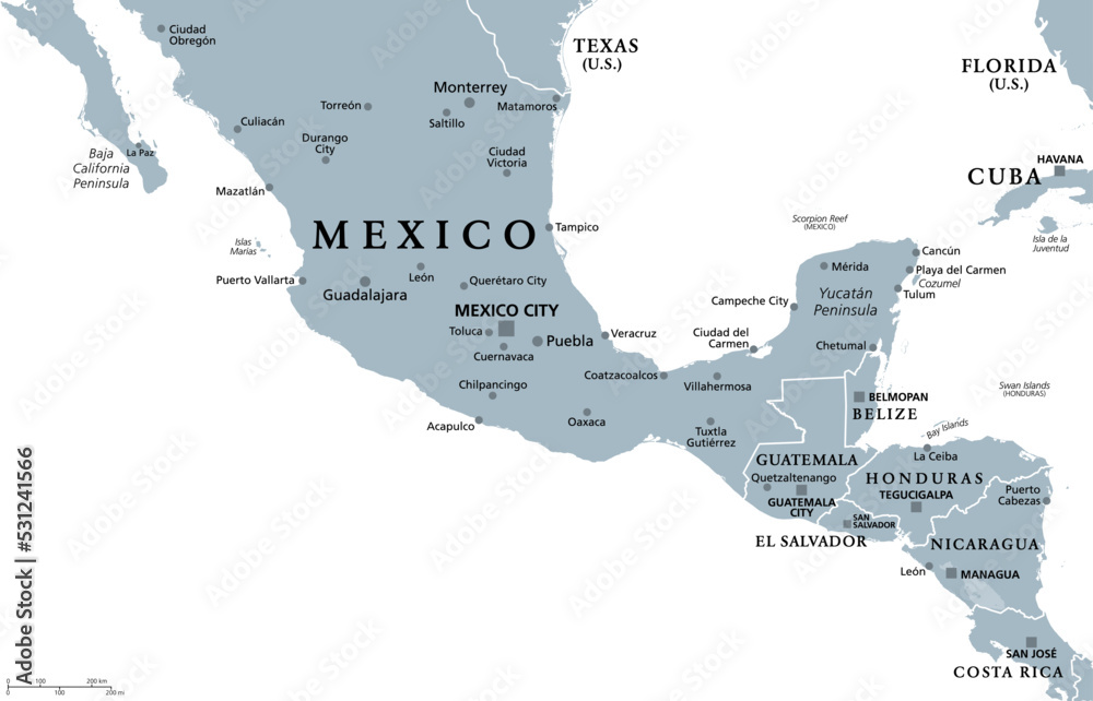 Mesoamerica, gray political map. Historical region and cultural area in ...