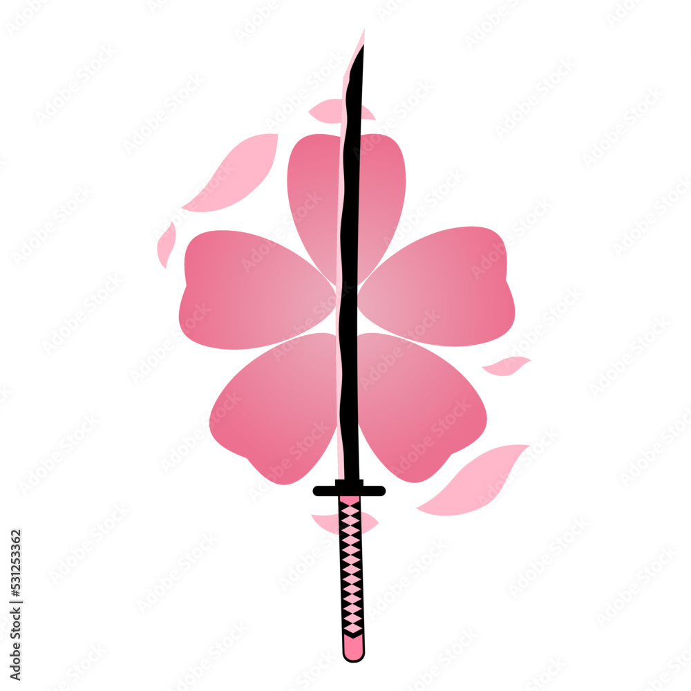 Katana sword samurai ronin weapon on pink sakura flower with petals ...