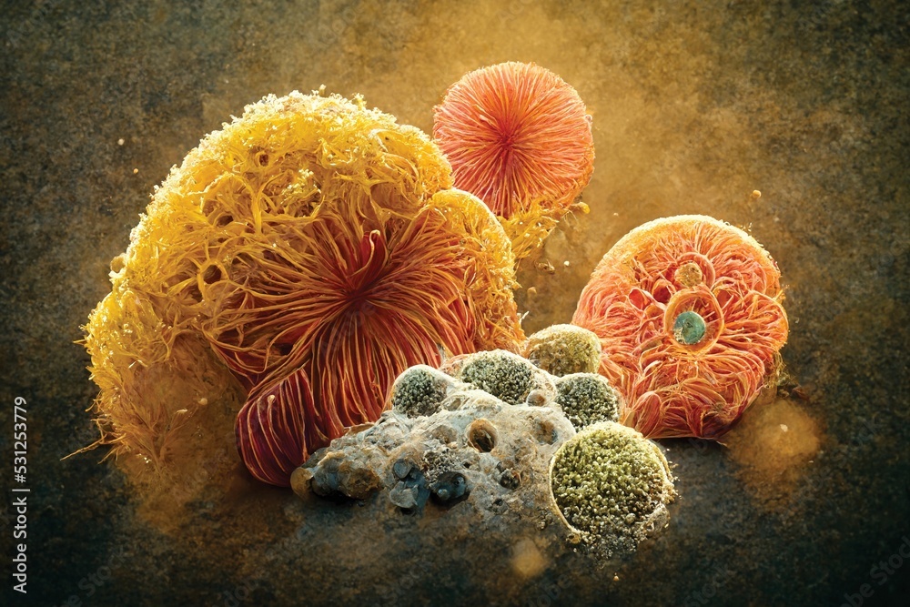 Science fiction illustration of bacteria, viruses and protozoa under ...