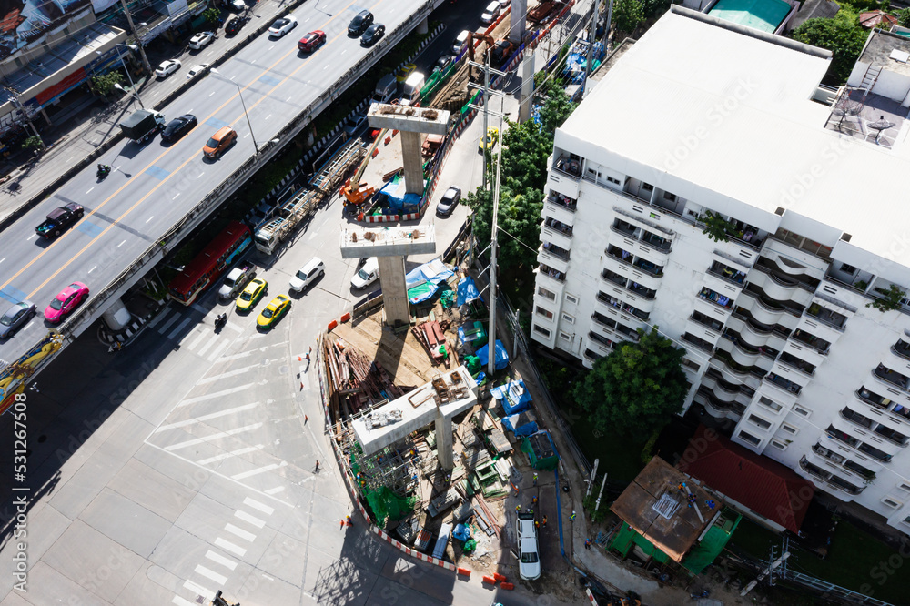 bangkok urban mass transit project (pink line monorail). aerial top ...