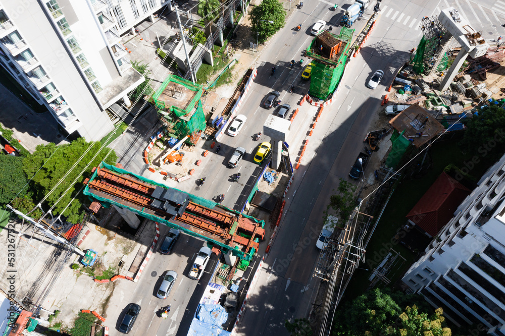 bangkok urban mass transit project (pink line monorail). aerial top ...