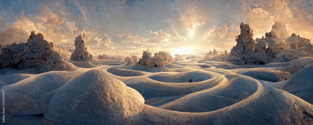 High resolution panorama of a Sci-Fi Snow planet backdrop. 3d render. 3 ...