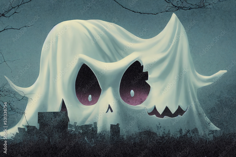 Ilustración de Stock Ghost monster peeking behind a blank white sign as ...