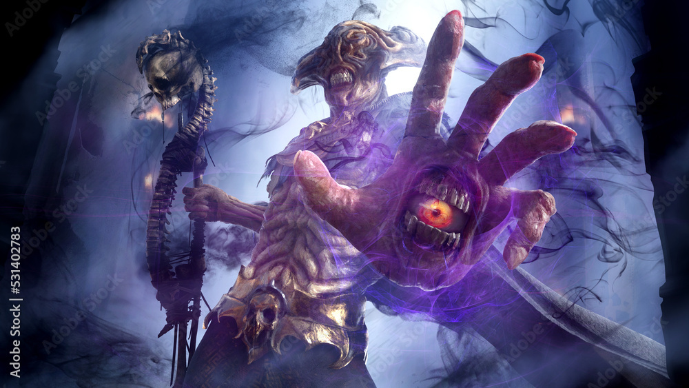 Creepy sinister monster with bared teeth with a black cloak and a staff ...