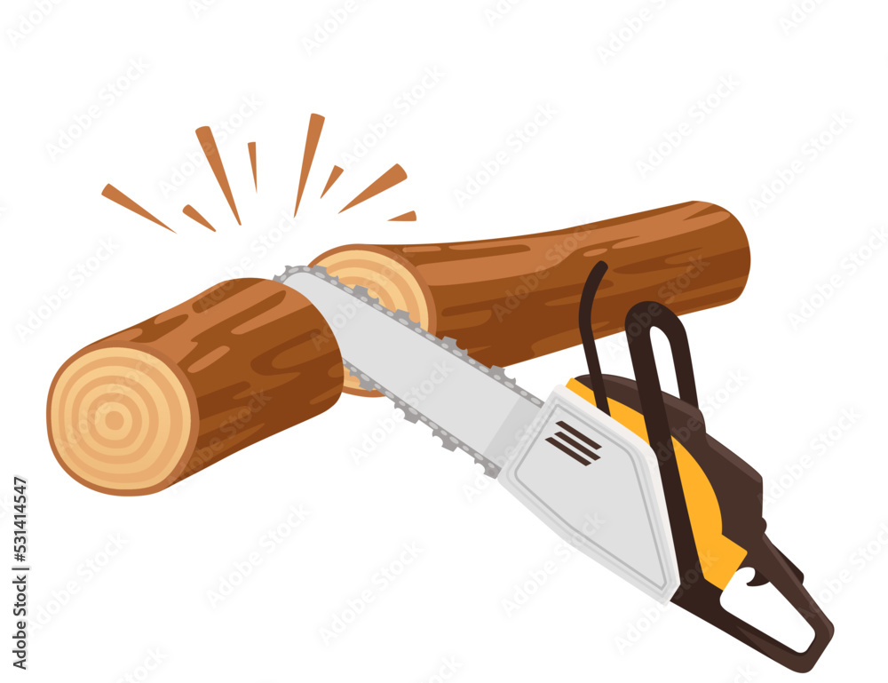 Sawing wooden log with modern chainsaw vector illustration isolated on ...