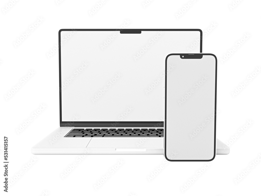 MacBook Pro Laptop and iPhone 13 smartphone in 3D rendered illustration ...