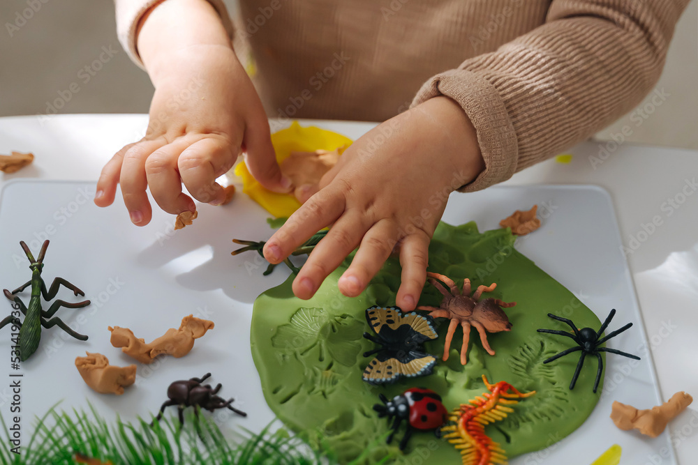 Child hands playing with toy insects. Educational game Bug Fossils made ...