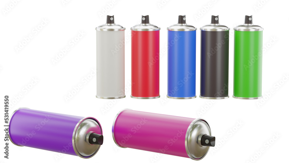 Different colors of spray paint cans bottles on a transparent ...