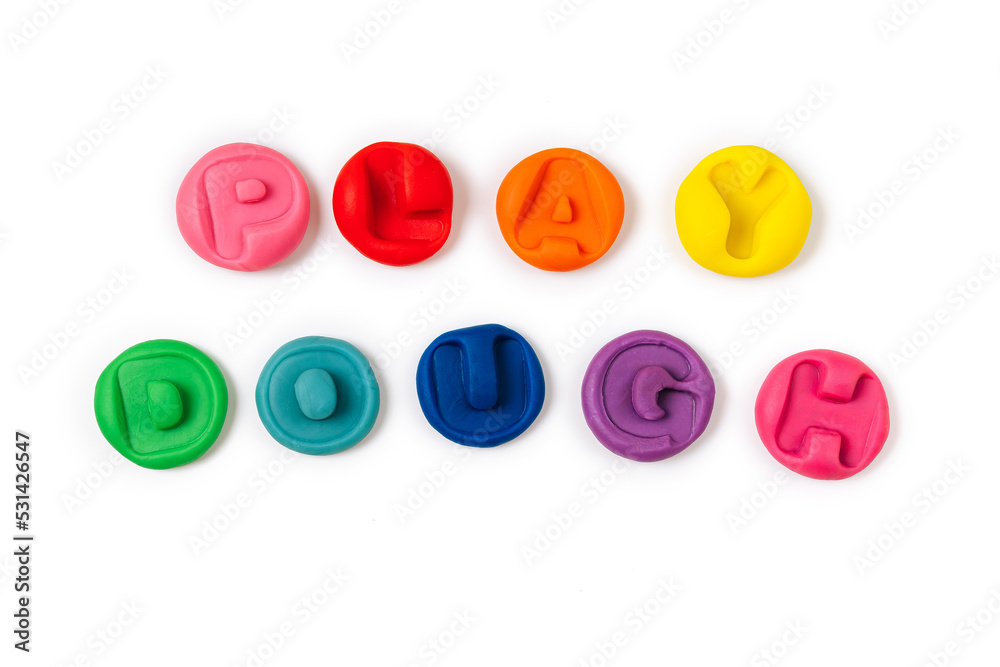 Colorful letters. Inscription Play dough in rainbow colored. Art ...