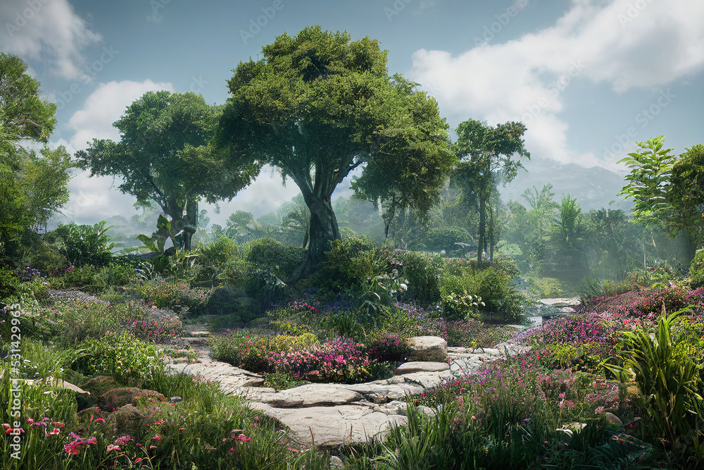 Beautiful green garden of Eden, lush environment, rich foliage, nature ...