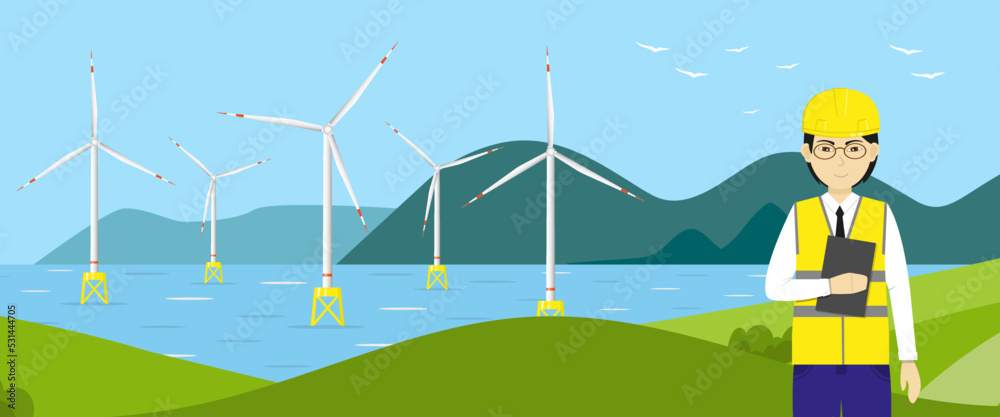 Wind turbines in the sea and an engineer. Wind towers in the ocean and ...