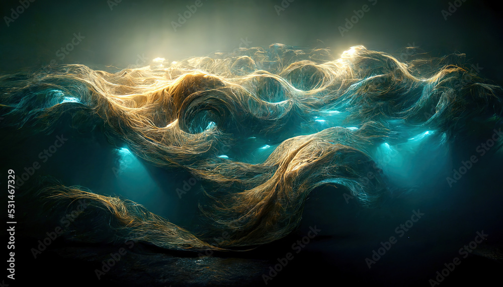 Spectacular abstract of silk is shaped like underwater wave, and light ...