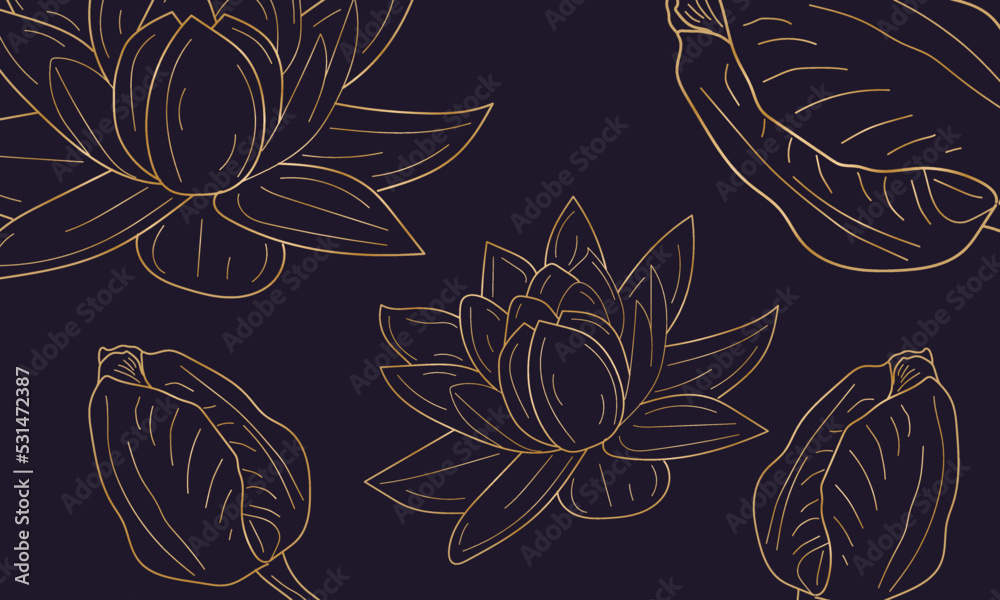 Luxury lotus and tulip gold art deco wallpaper. Nature background ...